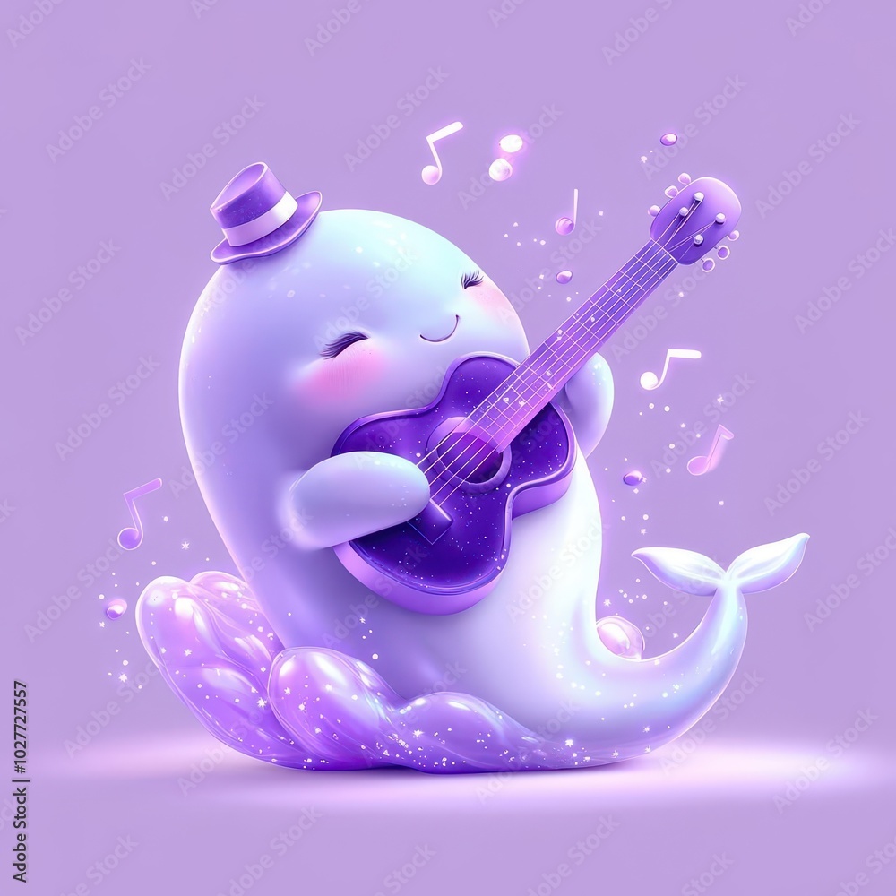 Cute cartoon whale playing guitar with purple tones and musical notes ...