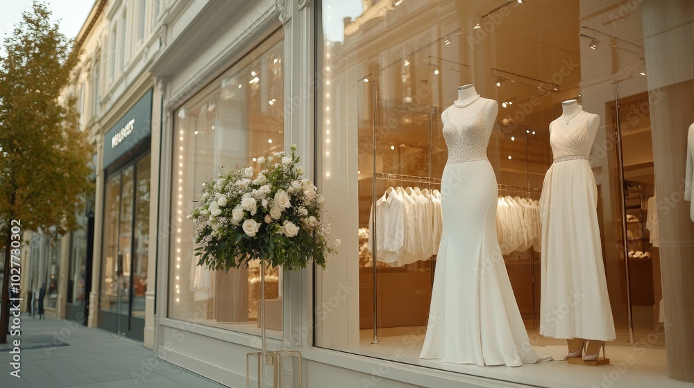 Mannequin in a floor-length metallic silver gown with pearl necklace ...