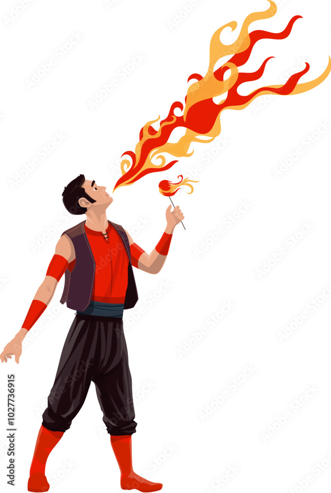 Circus fire eater character or performer of funfair carnival, cartoon ...