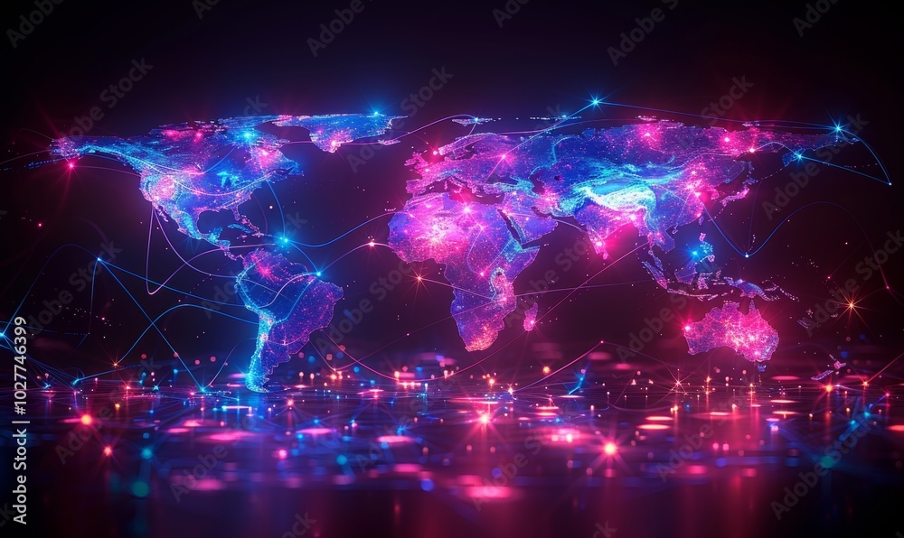 Digital earth map with purple glowing lines. Network plexus continents ...
