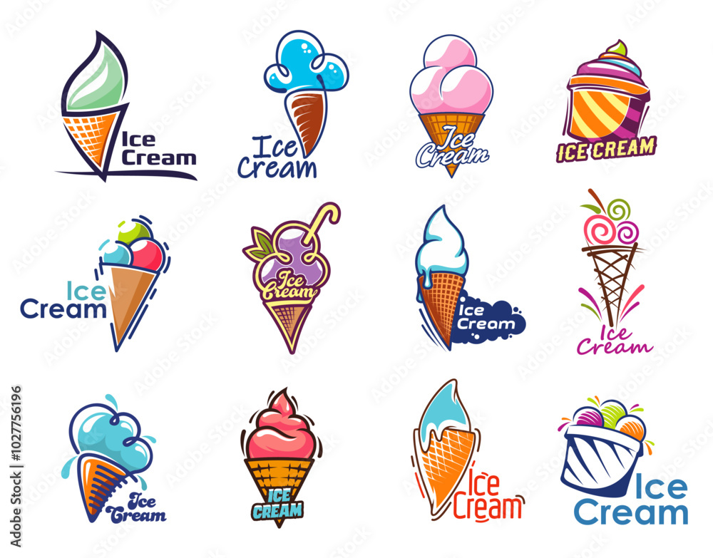 Ice cream symbols, gelato dessert, waffle cones, sundae scoops and soft ...