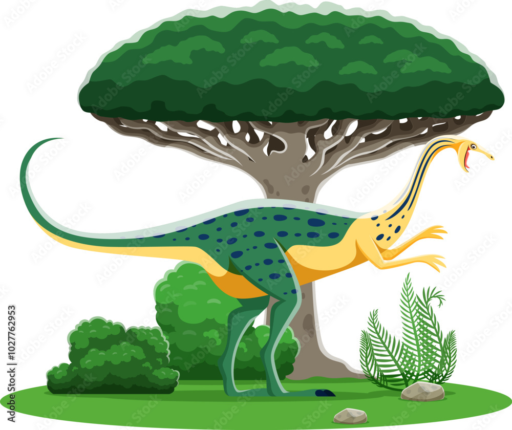 Elmisaurus cartoon prehistoric dinosaur character in natural landscape ...