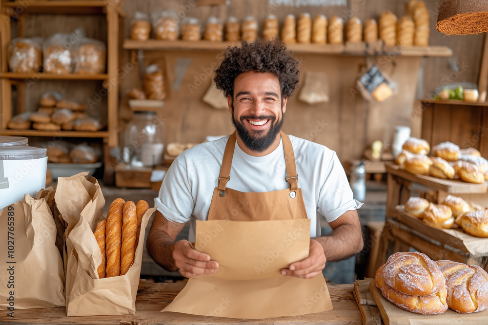 Smiling baker holding a blank sheet of paper inside a rustic bakery ...