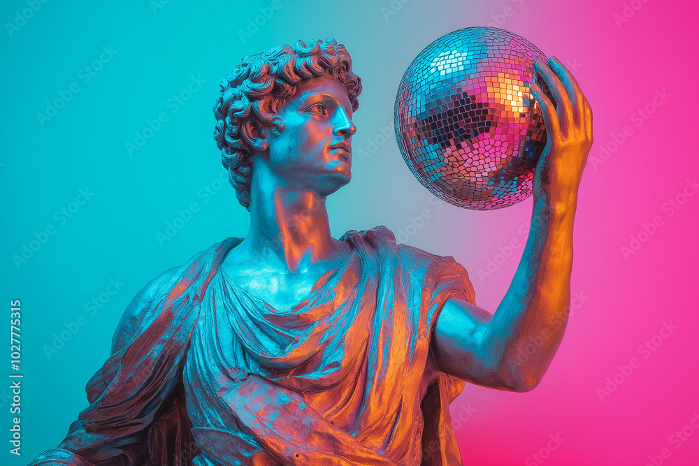 Ancient Greek statue with disco ball. A mirror disco ball in sculpture ...