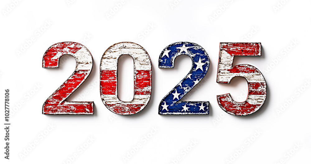 "2025" year with colors of the American flag. Numbers "2025" on a white ...