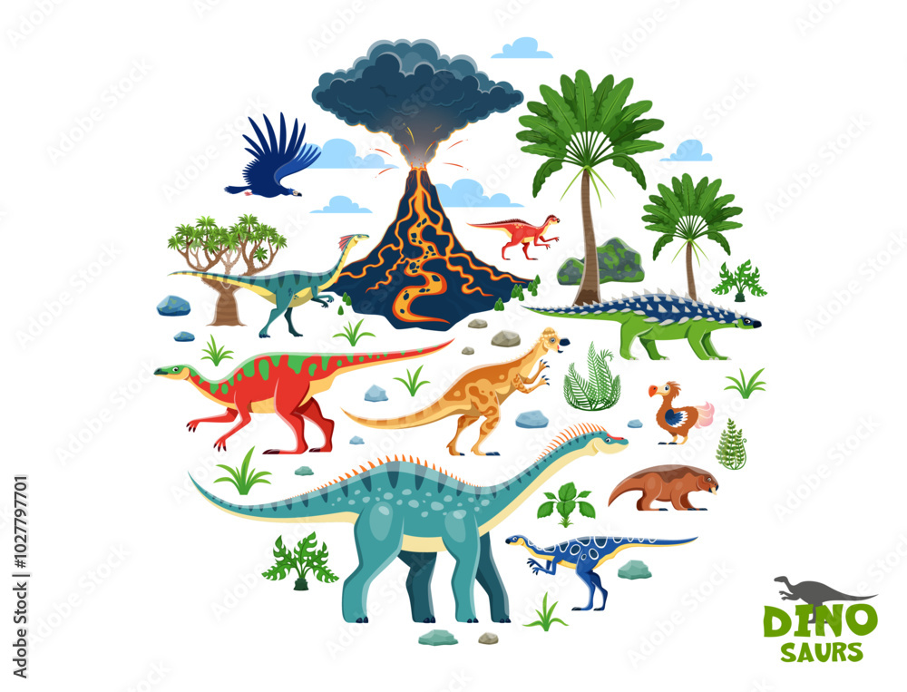 Cartoon prehistoric dinosaurs, jurassic forest and volcano round banner ...