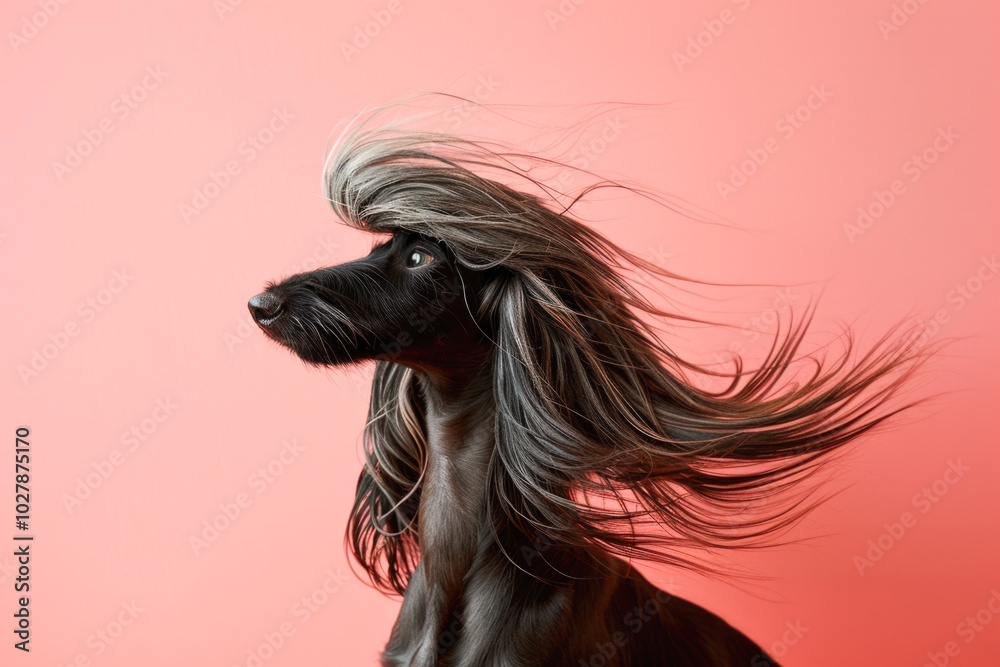 An elegant Afghan Hound poses against a pink background, its long ...