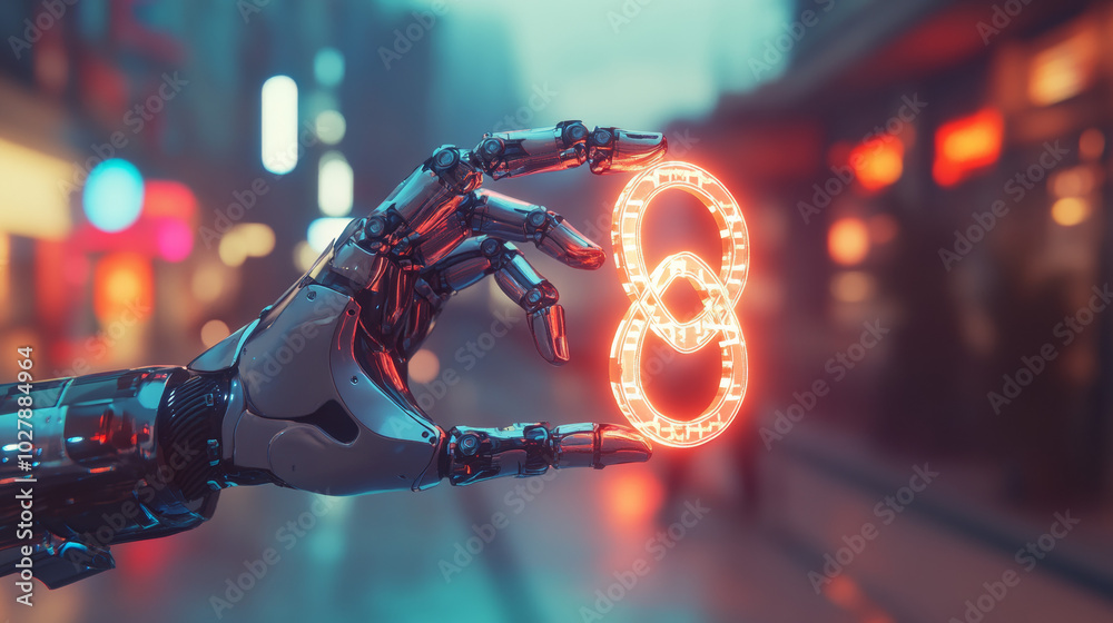 A robot hand holding a symbol of infinity in a virtual world. This ...
