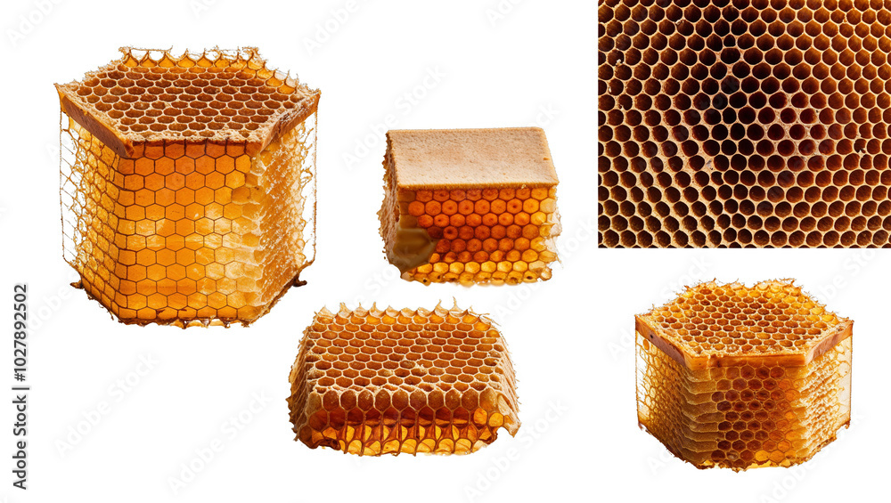 Honeycomb shown in sections and from multiple angles on a white ...