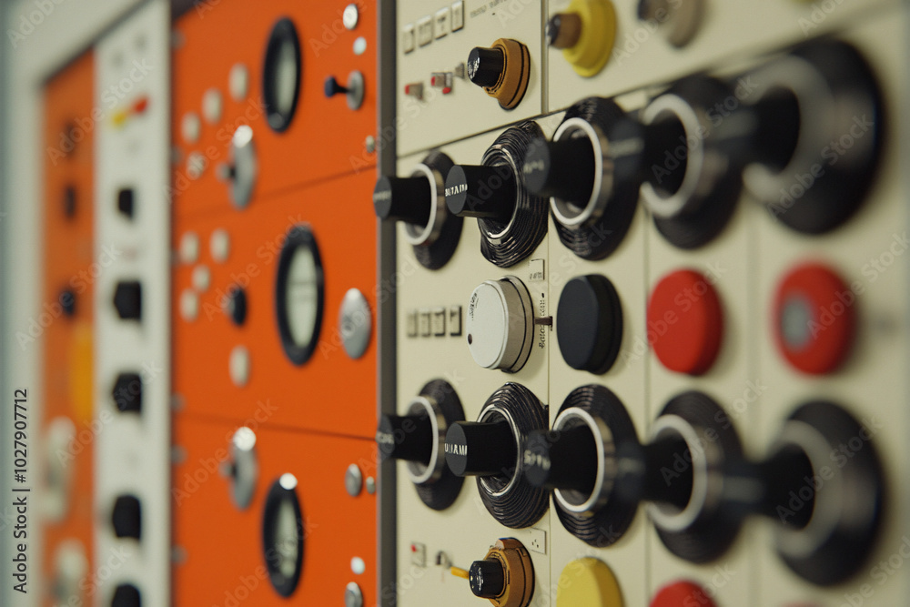 A vintage panel of controls and switches in black and red, featuring ...