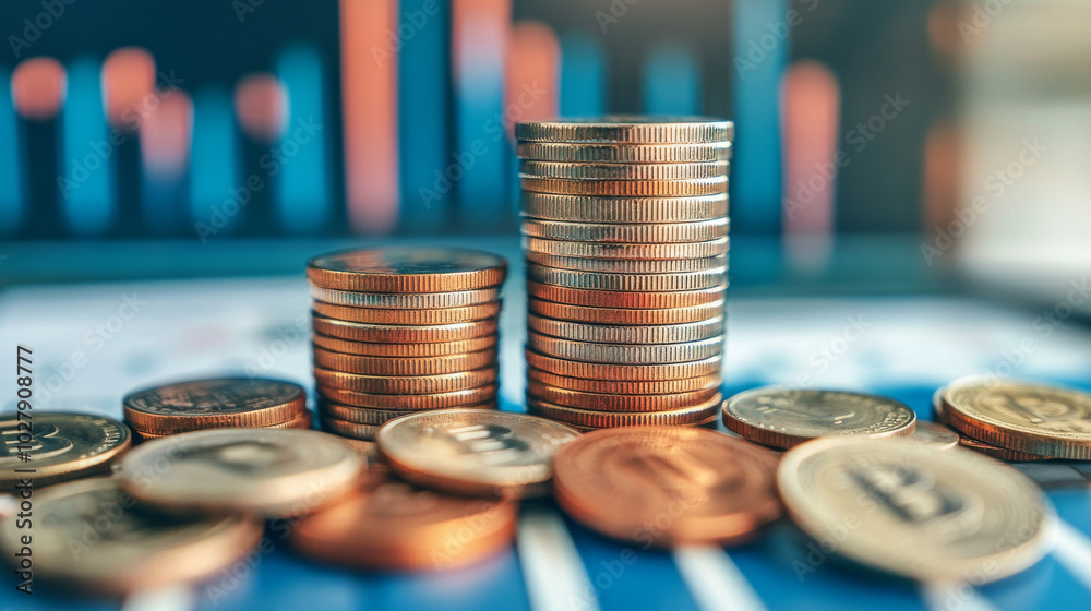 This image shows a 3D coin background with a graph representing ...