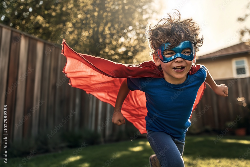 Little boy in a superhero costume running with a red cape in the ...