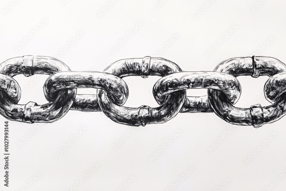 Monochrome drawing of a heavy chain, focusing on the rough texture and ...