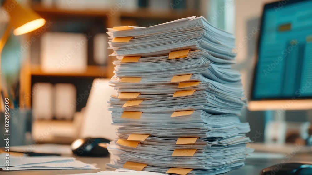 A desk in an office with neatly organized paper stacks, each marked ...