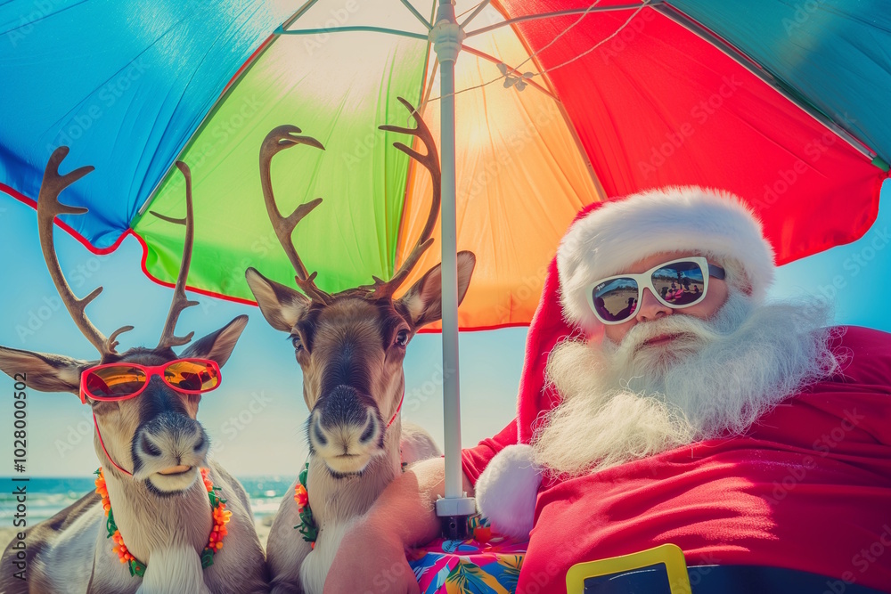 Santa Claus and two reindeer wearing sunglasses under a colorful ...