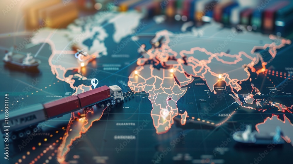 This visual displays a global map with marked transport routes ...