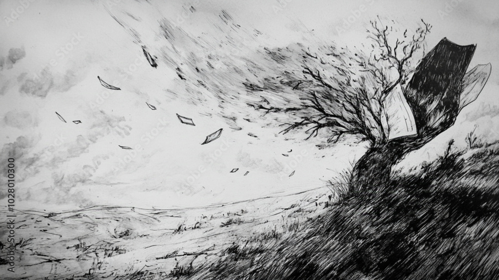 an illustration close up of a single page of paper blowing in the wind ...