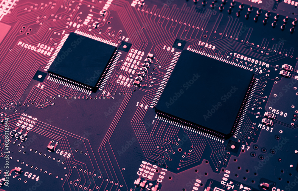 printed circuit. layout of tracks. PCB. processor, chip and electronic ...