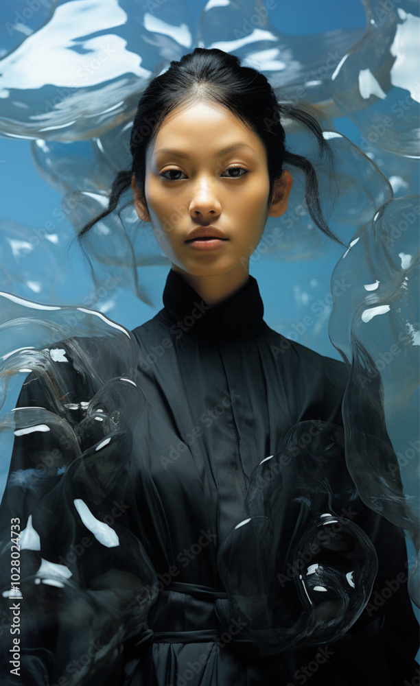 Fashion portrait of an Asian female model wearing a minimalistic black ...