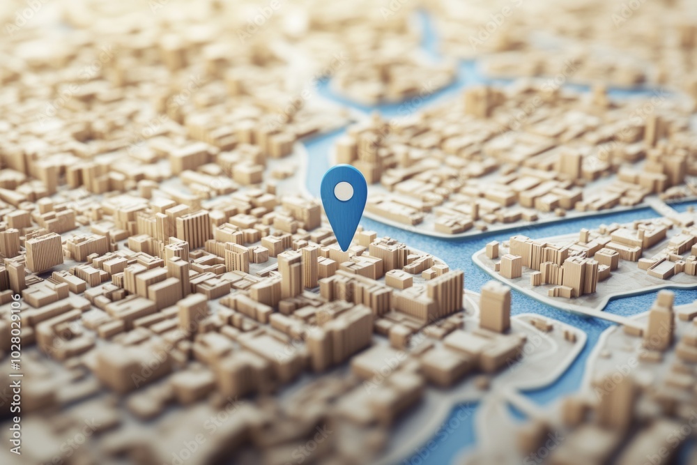 Digital map navigation highlighting key urban location with a blue pin ...