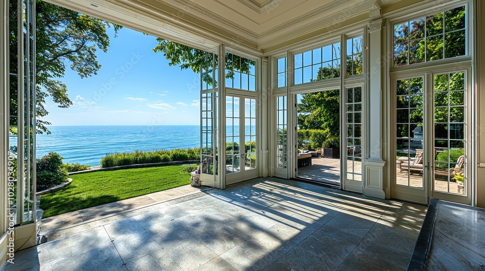High-resolution image of a grand home on Lake Michigan, featuring a ...
