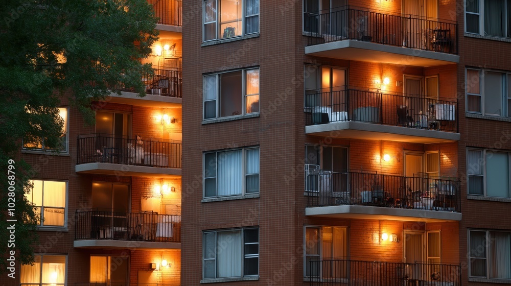 Nighttime urban living: illuminated city apartment building ...