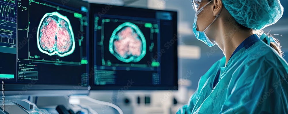 Medical professional analyzing brain scans on dual monitors in surgical ...