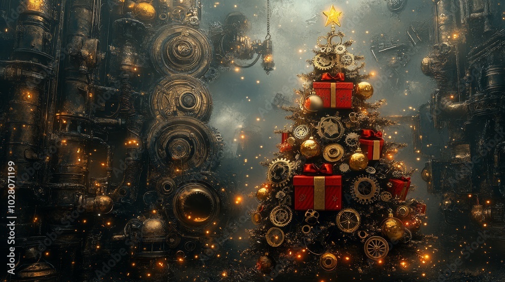 Steampunk Christmas tree with mechanical ornaments, red and gold gears ...