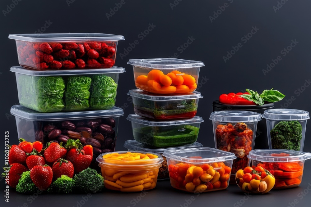 A variety of food containers in transparent and opaque plastic, stacked ...