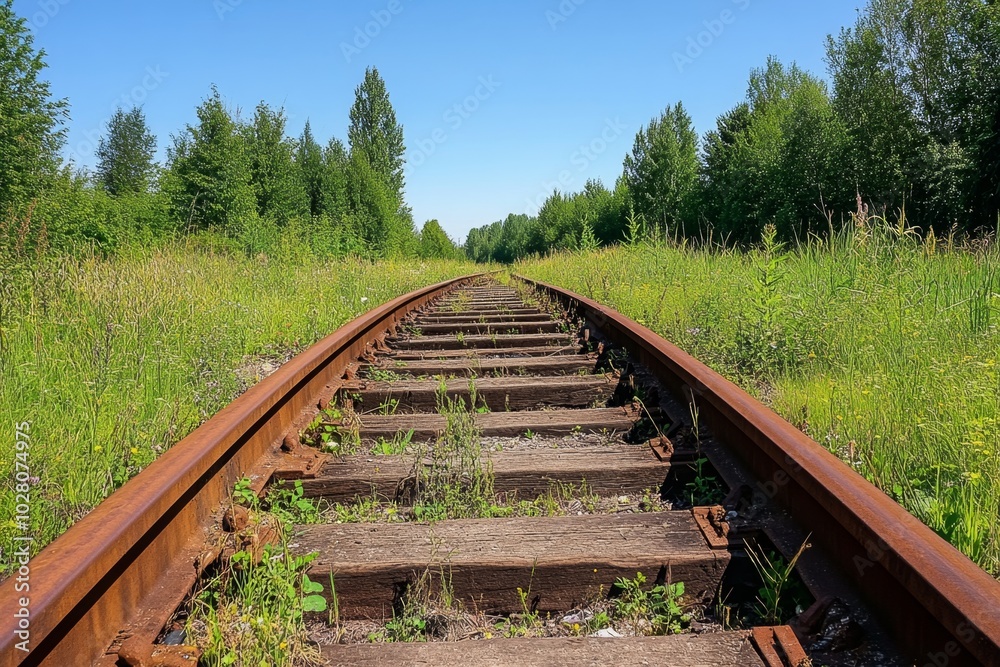 Rusty, abandoned railroad tracks overgrown with grass and weeds ...