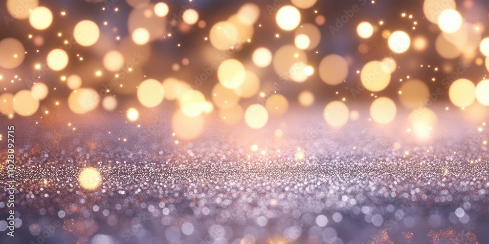 Silver glitter festive background enhanced with sparkling bokeh lights, perfect for celebration ...