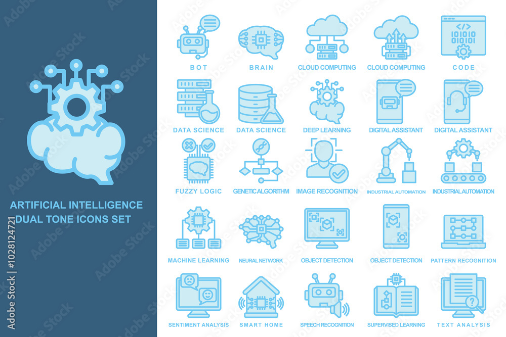 Artificial intelligence dual tone icons set. contain bot, brain, could computing, data science ...