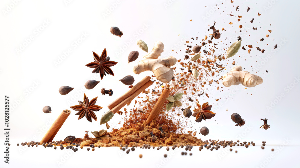 The ingredients for a hot Indian drink - masala tea fall on a white ...