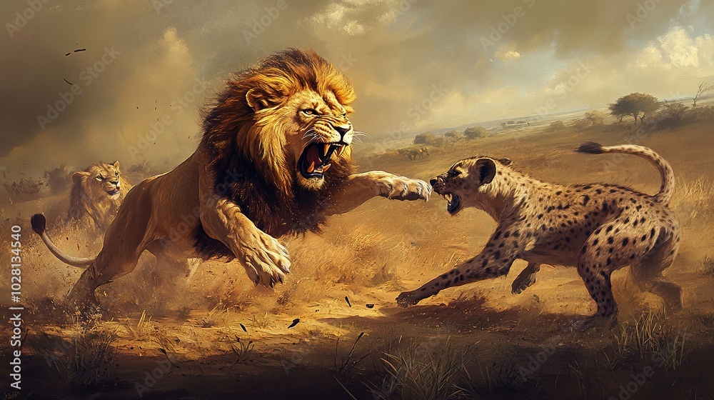 Majestic and fearless lion fiercely battling a pack of hyenas in the ...