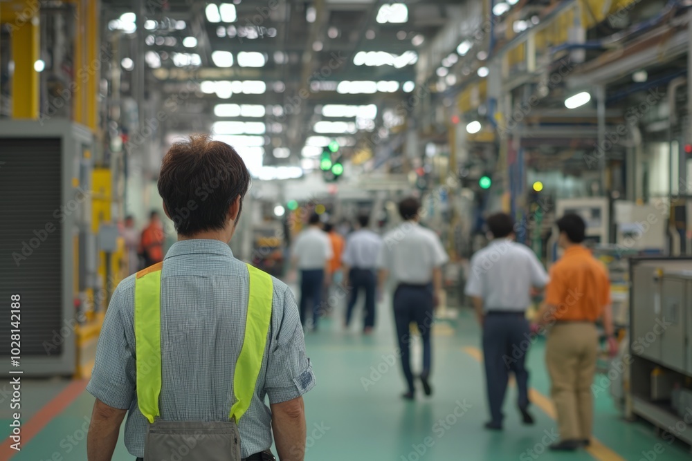 Factory performing a safety evacuation drill, workers following the ...