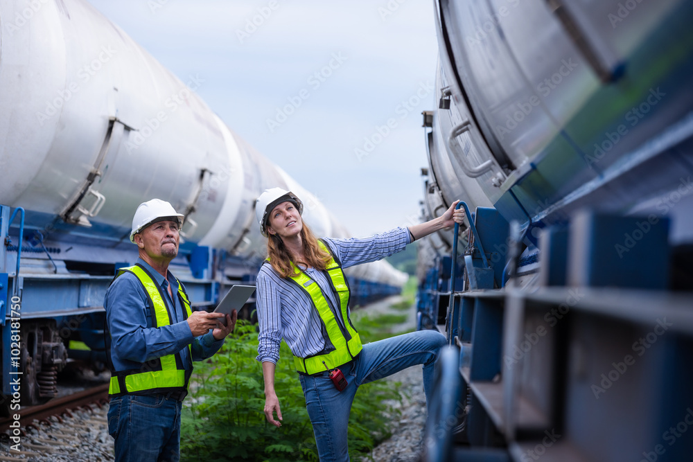 Railway maintenance workers inspecting and adjusting equipment on ...