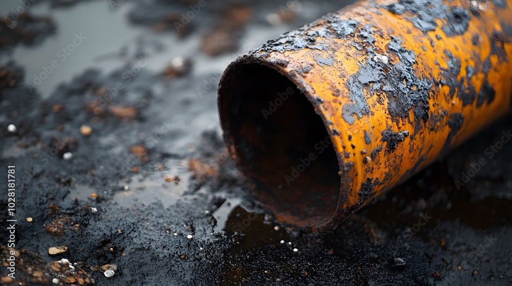 Rusty Metal Pipe Lying in a Pool of Black Liquid Stock Photo | Adobe Stock