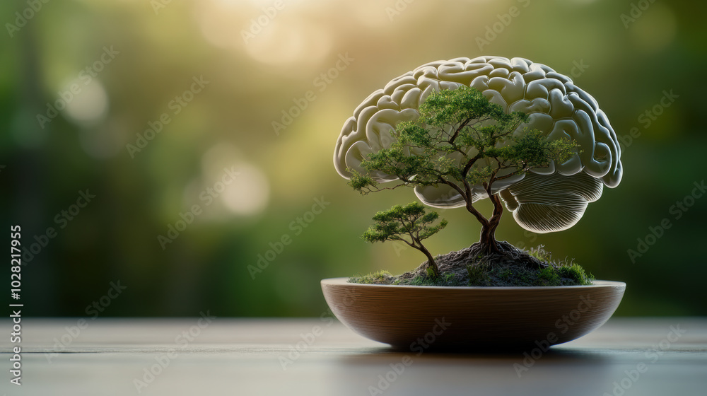 brain depicted as Zen garden with tree branch symbolizes tranquility ...