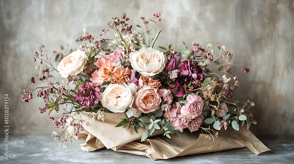Soft-focus vintage floral arrangement with faded pinks and creams ...