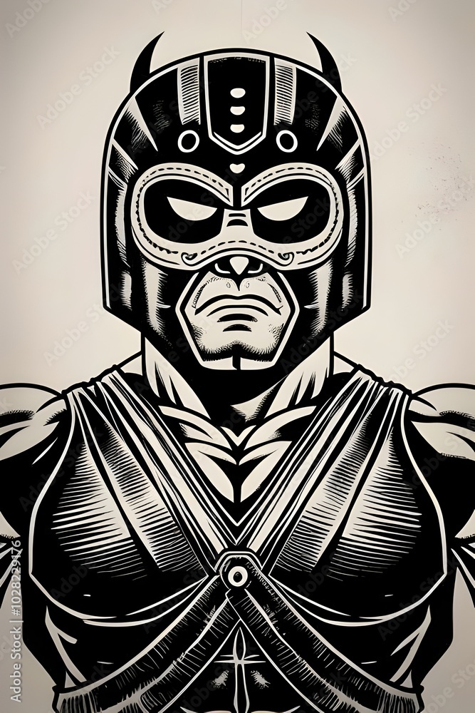 vintage lino cut of a mexican wrestling mask, muscular wrestler, sport ...
