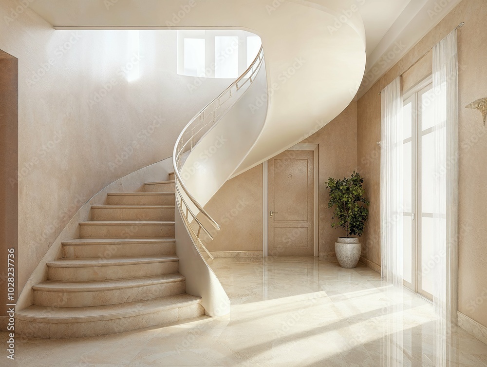 Elegant spiral staircase with marble steps and a smooth white railing ...