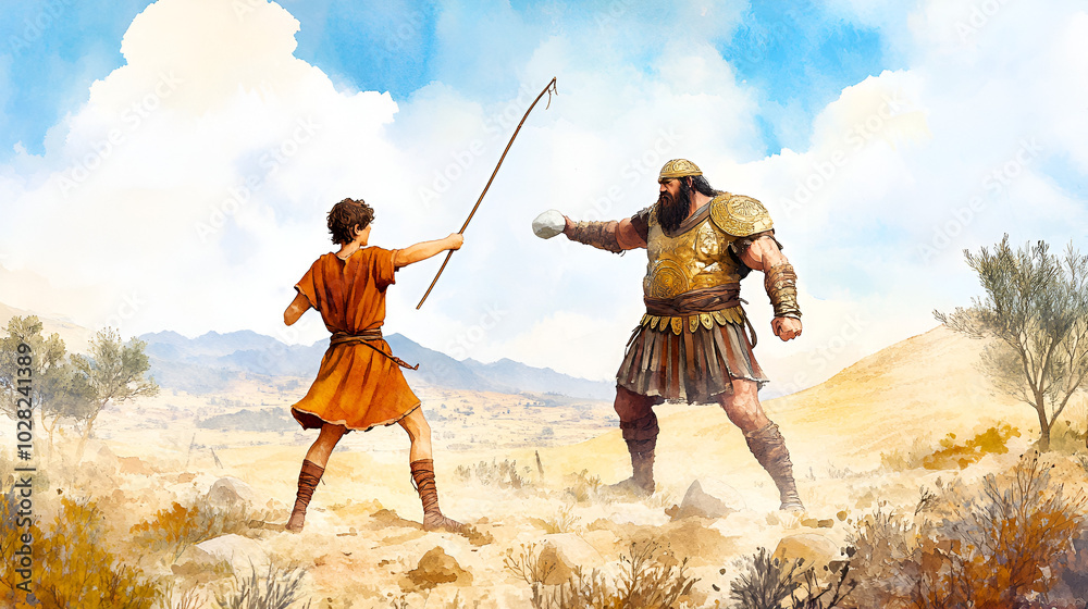 Ilustración de Stock David and Goliath. Bible story of young Shepherd ...