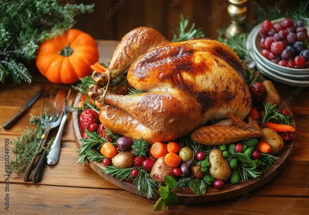 Elegant Whole Turkey with Vegetables and Utensils on Table - Top View ...