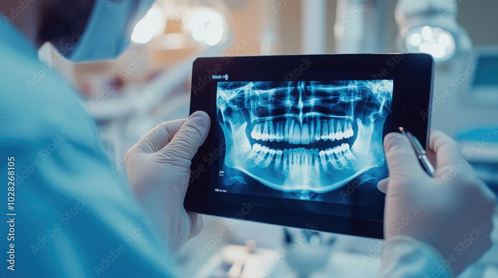 Doctor reviewing a panoramic dental x-ray for dental diagnosis. main ...