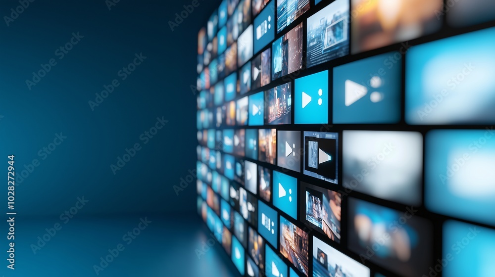 Ultra-modern media hub, floating video thumbnails, holographic grid ...