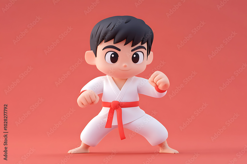A stylized cartoon character in a karate pose, wearing a white gi with ...