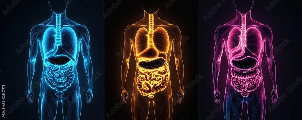 Stylized human figures revealing digestive systems in bright colors ...
