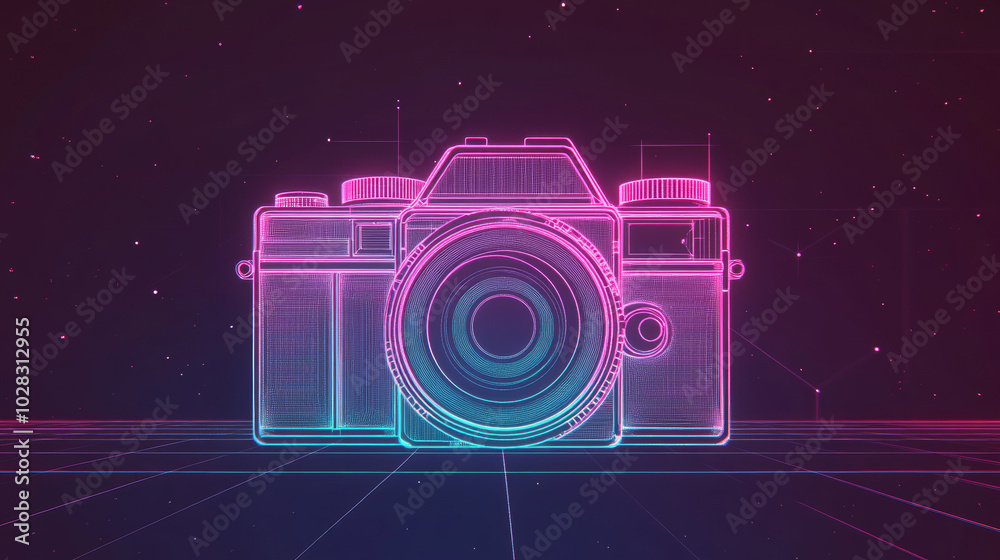 A simple, 80s-style line drawing of a camera with a glitch effect. It's ...