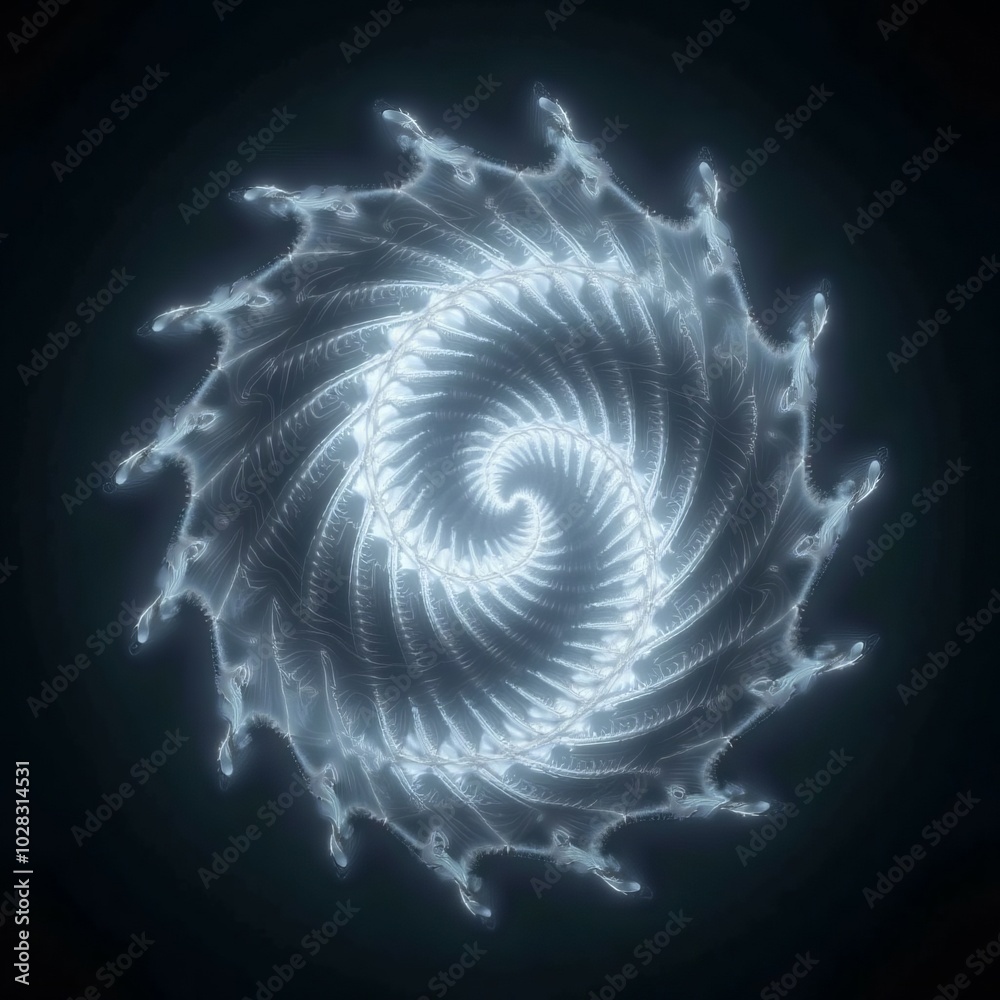 White glowing fractal spiral of Archimedes. Fibonacci numbers, golden ...