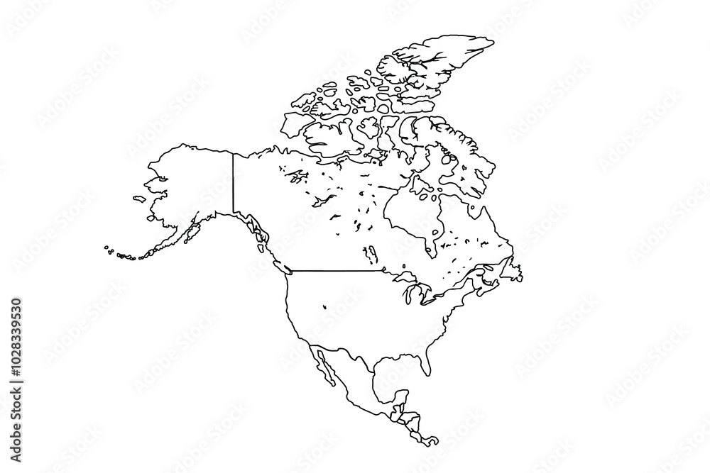 Nort America continent outline map with country border. Hand drawn ...